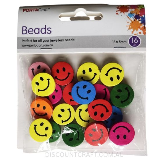 Wooden Smiley Face Beads 18x5mm 16g - Discount Craft