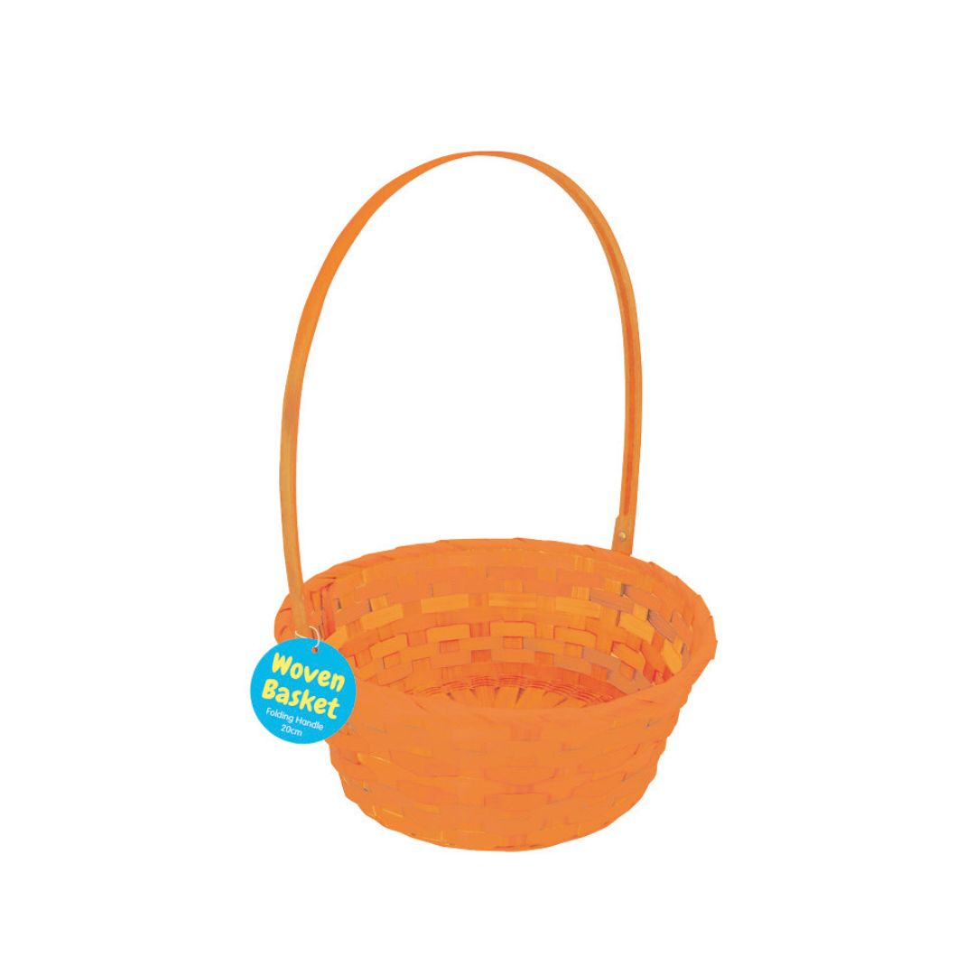 Woven Basket with Round Base & Folding Handle - Orange - Discount Craft