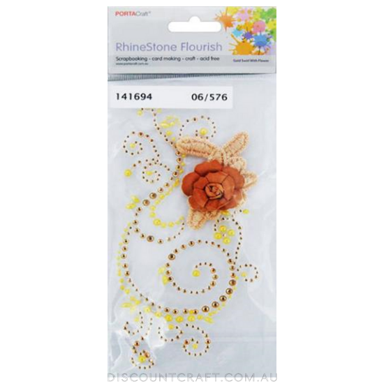 Rhinestone Flourish Swirl w Flower & Pearls Gold - Discount Craft